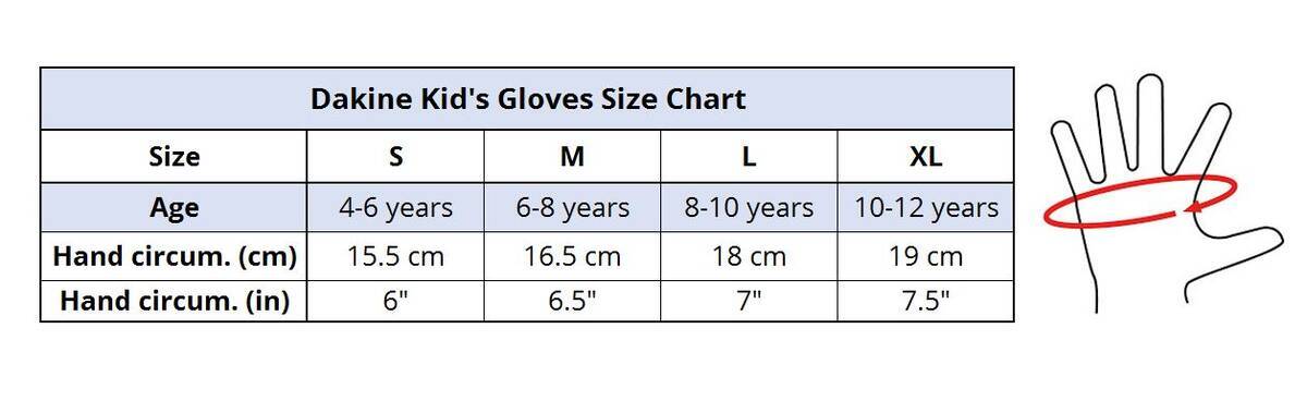Dakine Kid's Gloves Size chart | SkatePro