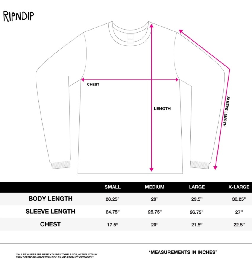 Rip N Dip Long Sleeve Shirt Size Chart
