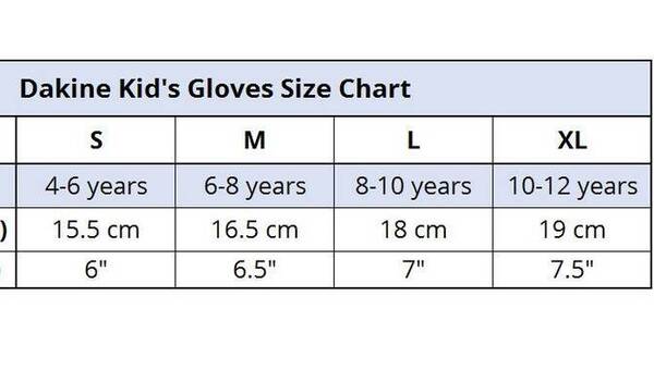 Dakine Kid's Gloves Size chart | SkatePro